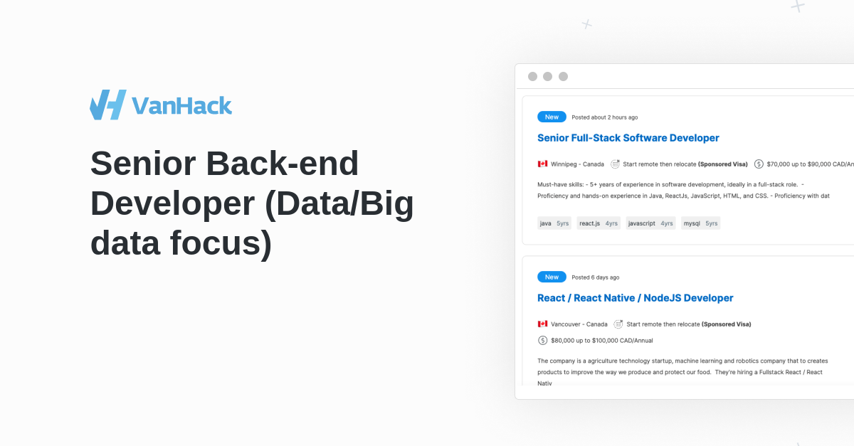 Senior Back-end Developer (Data/Big data focus) - VanHack